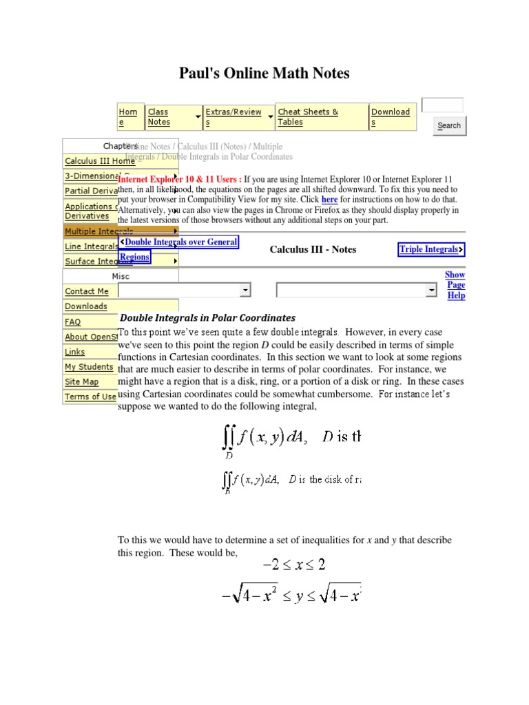 Paul's Online Math Notes: Double Integrals in Polar Coordinates | PDF ...