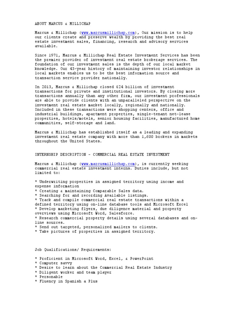 Marcus & Millichap Internship | PDF | Real Estate Investing | Internship