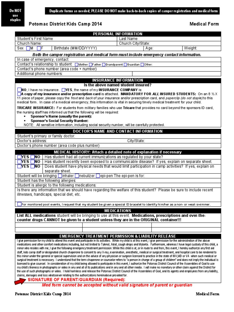 Camper Medical Form | PDF | Pharmaceutical Drug | Physician