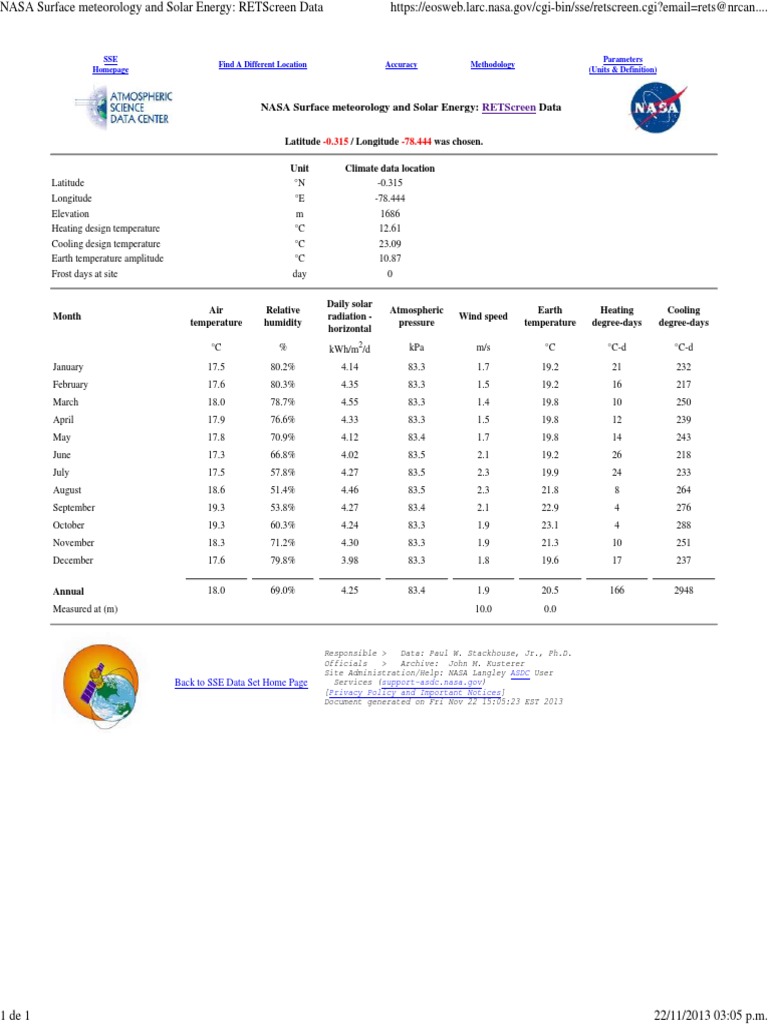 NASA SSE Solar Radiation Data Summary | PDF