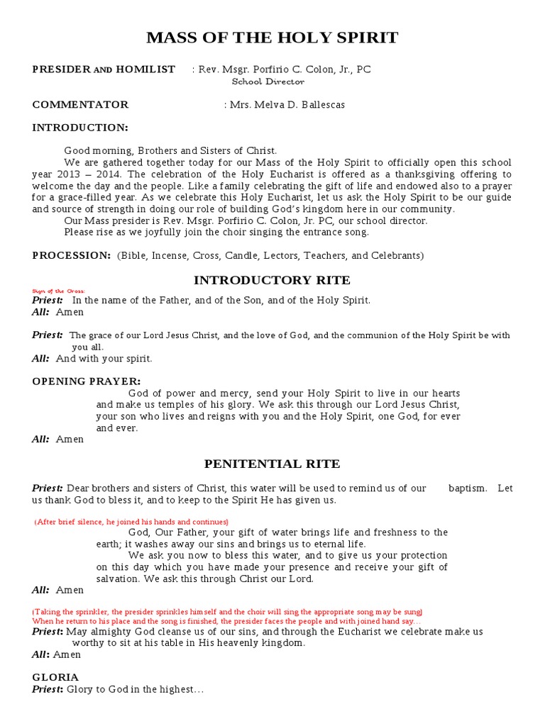 Mass of The Holy Spirit | PDF | Mass (Liturgy) | Religious Behaviour ...