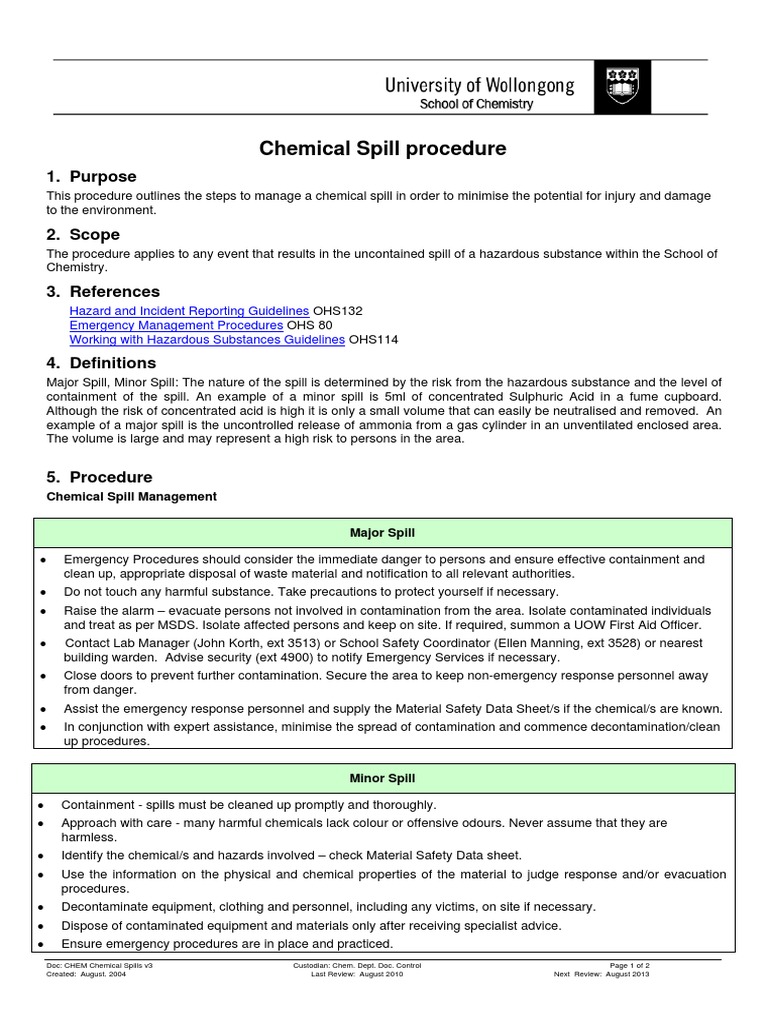 Chemical Spill Procedure: 1. Purpose | PDF | Emergency | Dangerous Goods