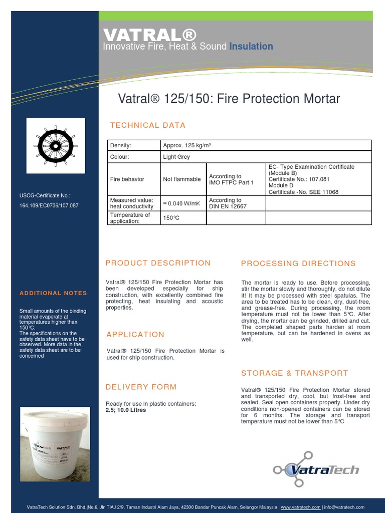 Vatral 125-150 - Fire Protection Mortar - Technical Datasheet | PDF