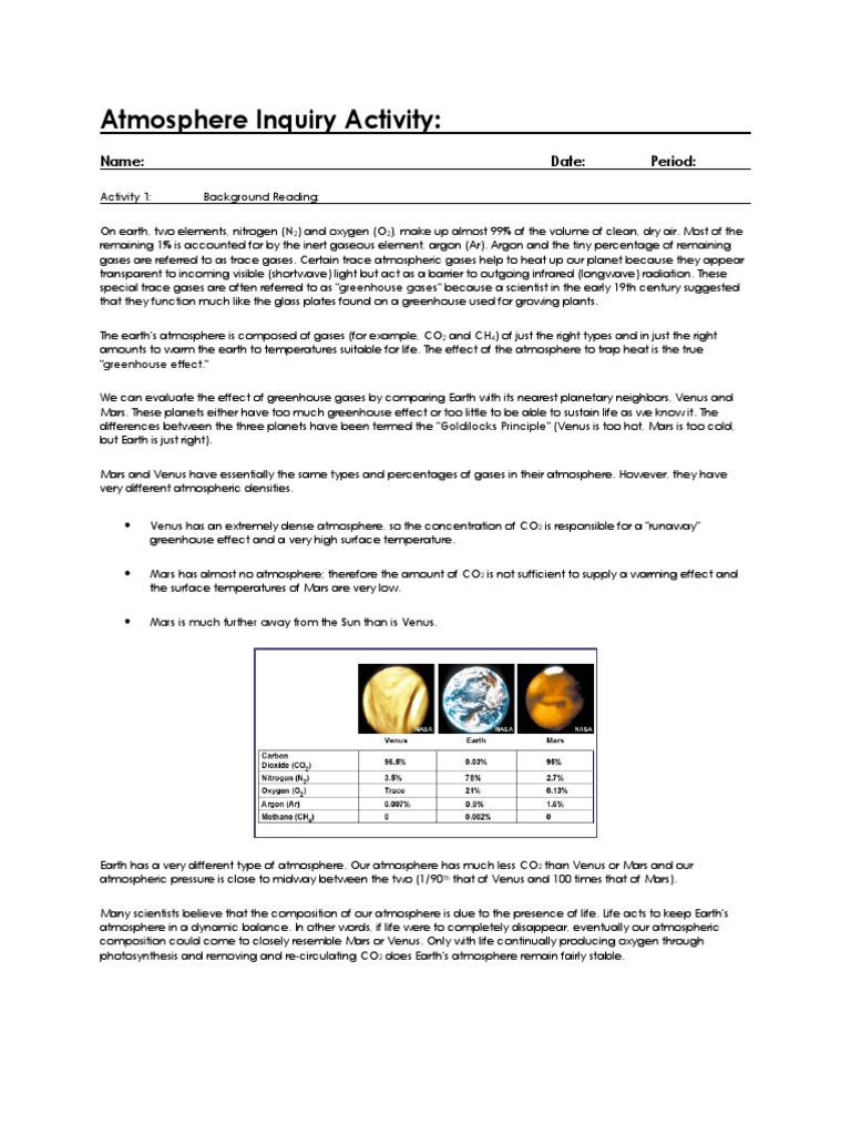 Atmosphere Inquiry Activity | PDF | Atmosphere Of Earth | Greenhouse Effect