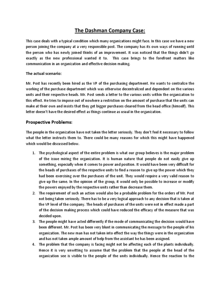 The Dashman Company Case:: Prospective Problems | PDF | Reason | Decision Making