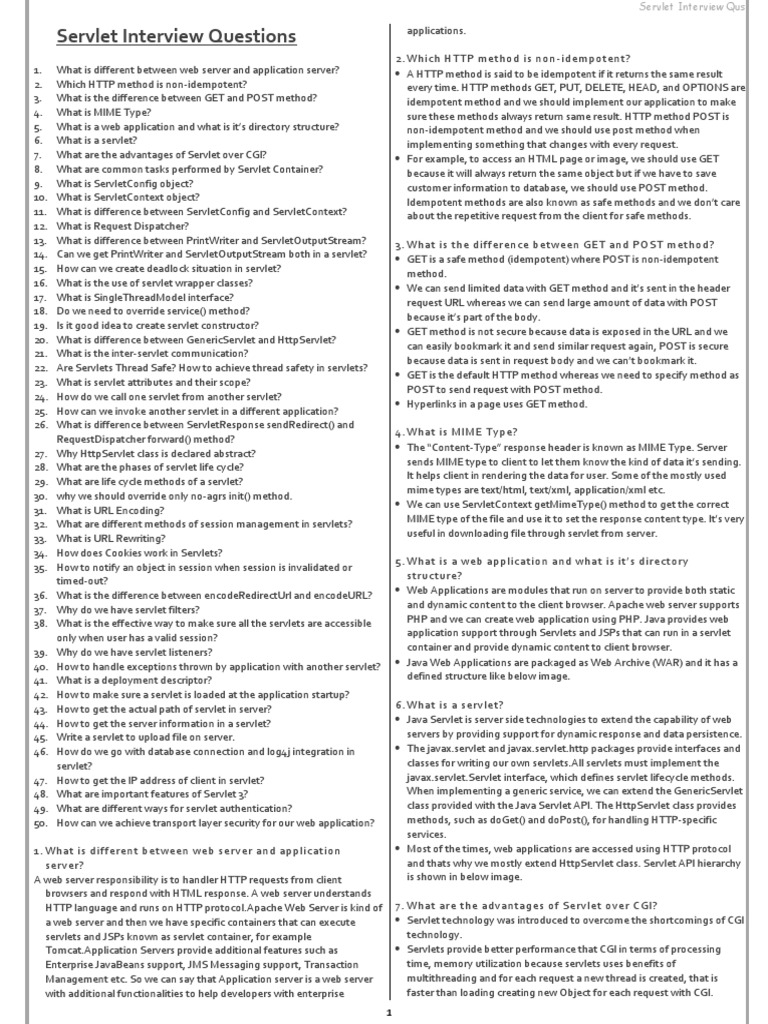Servlet Interview Questions | Download Free PDF | Java Servlet | Hypertext Transfer Protocol