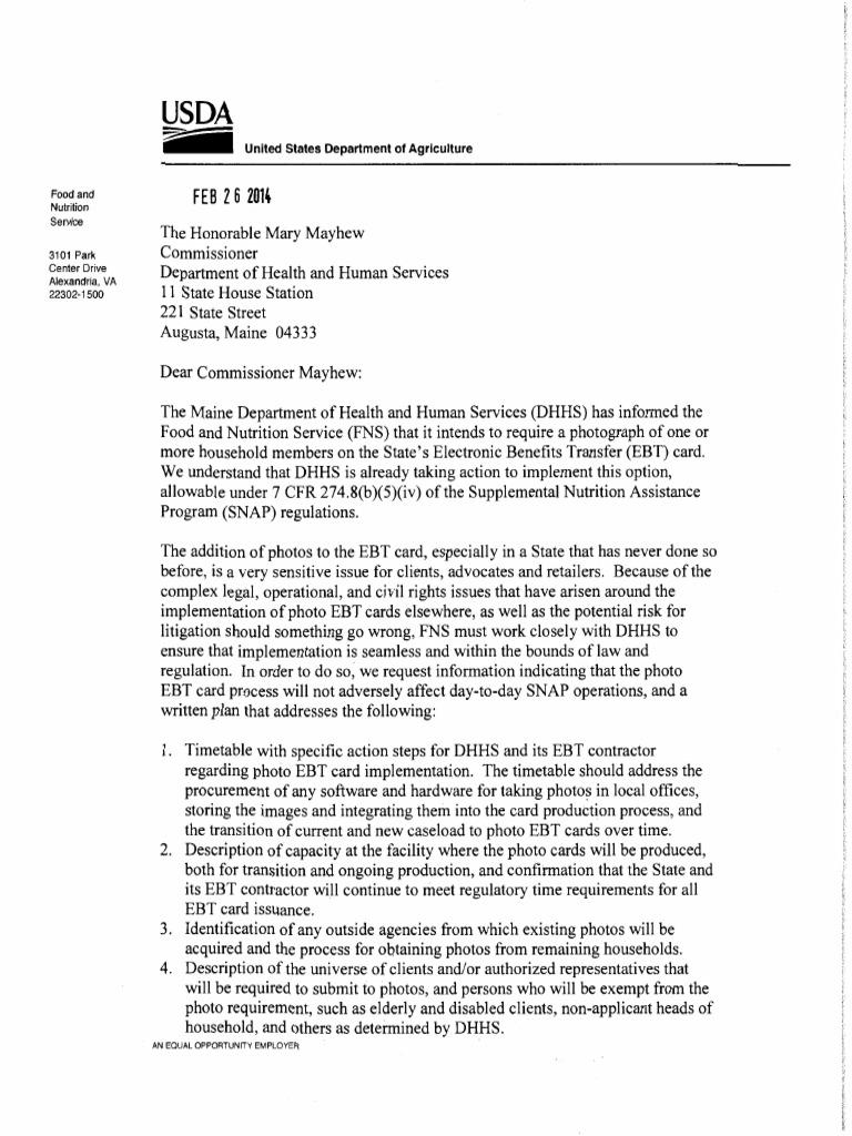 USDA letter to Maine DHHS regarding SNAP and photos on EBT cards ...