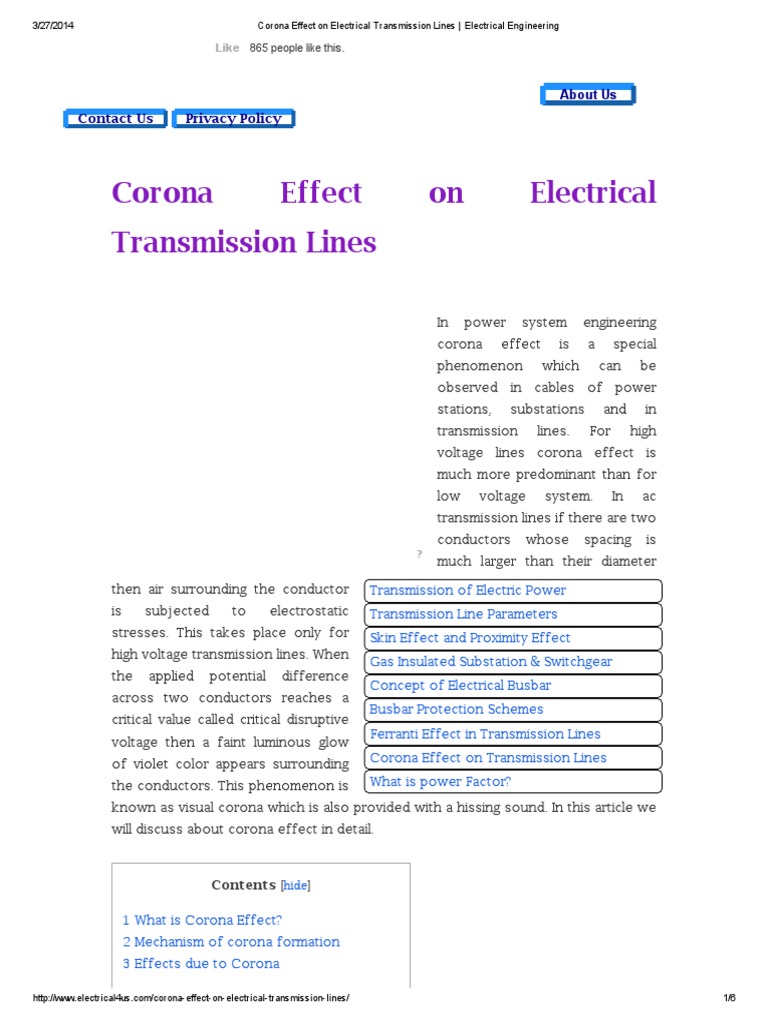Corona Effect in Transmission Lines | PDF | Electrical Conductor ...