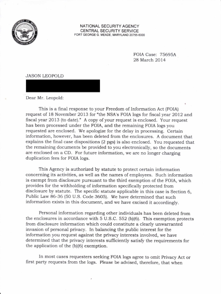 NSA FOIA Logs Response Letter [Leopold] | Freedom Of Information Act ...