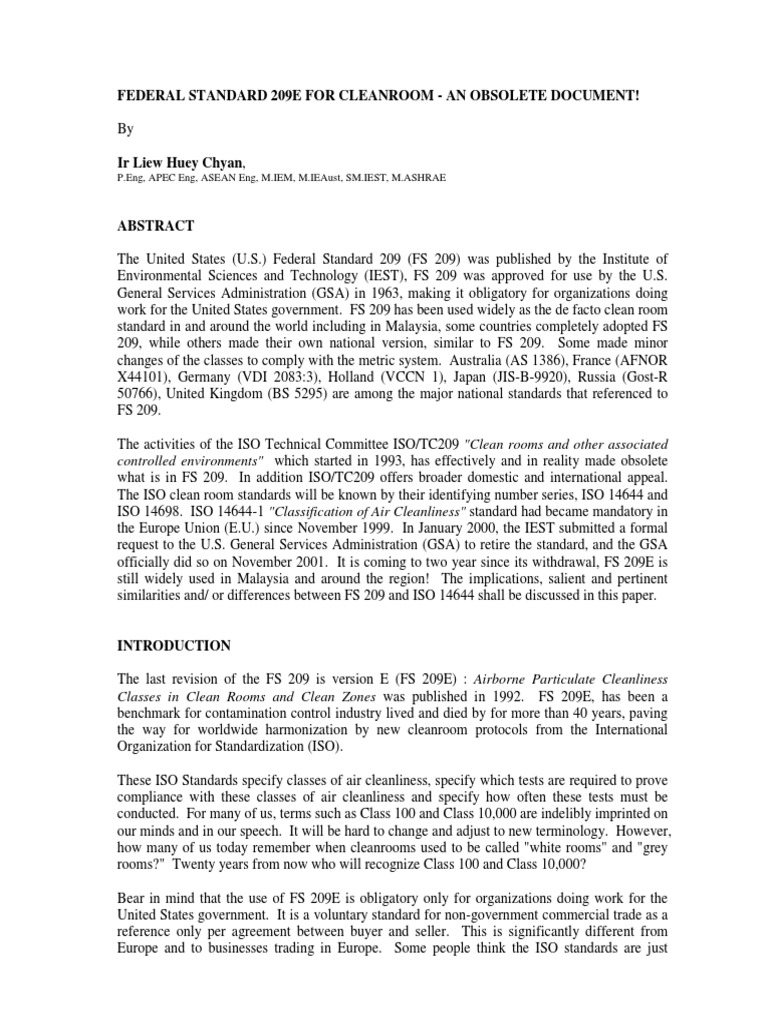 Federal Standard 209e For Cleanroom - An Obsolete Document! | PDF ...