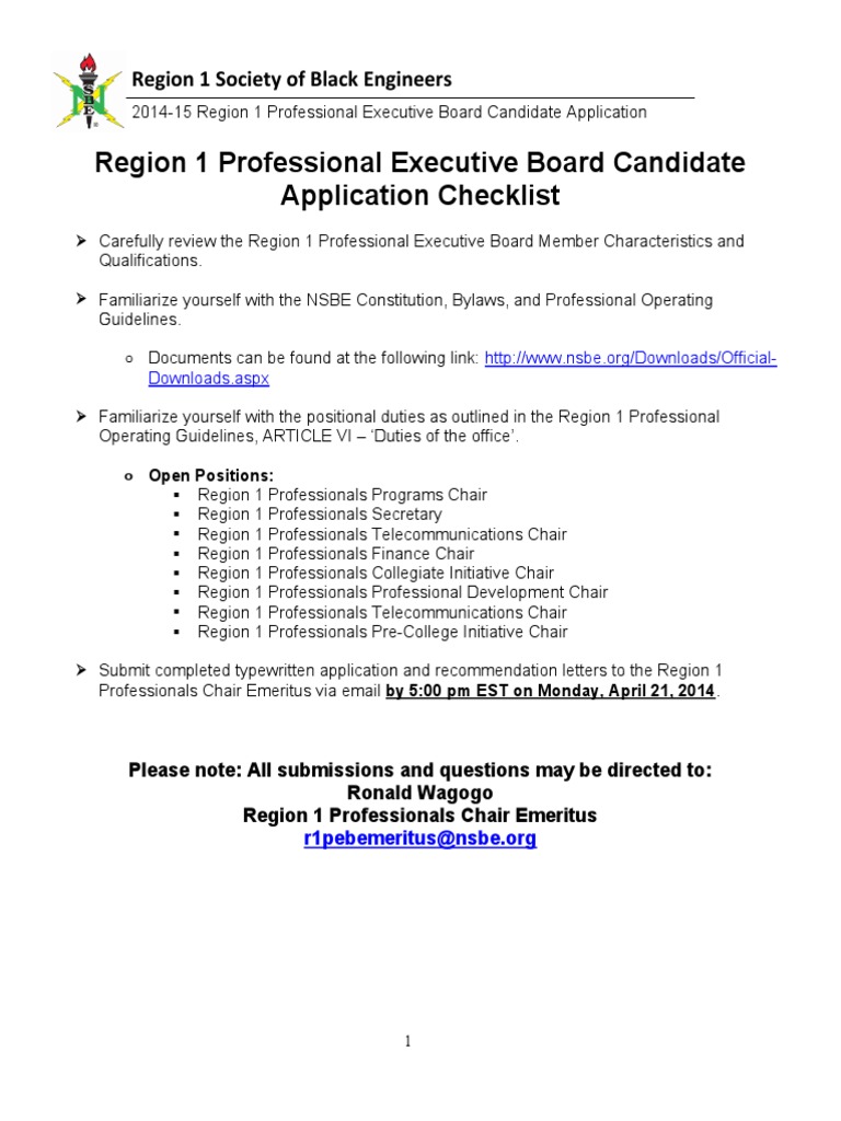 NSBE Region 1 Executive Board Application | PDF | Board Of Directors ...