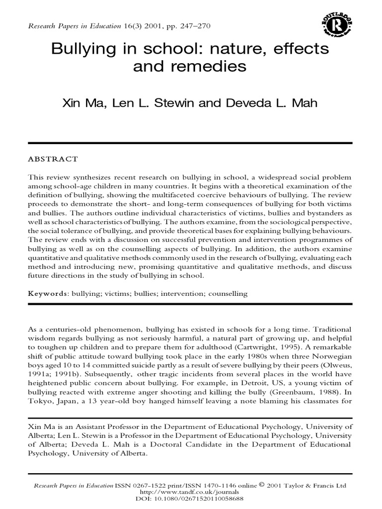 Bullying in School. Nature, Effects and Remedies | PDF | Bullying ...