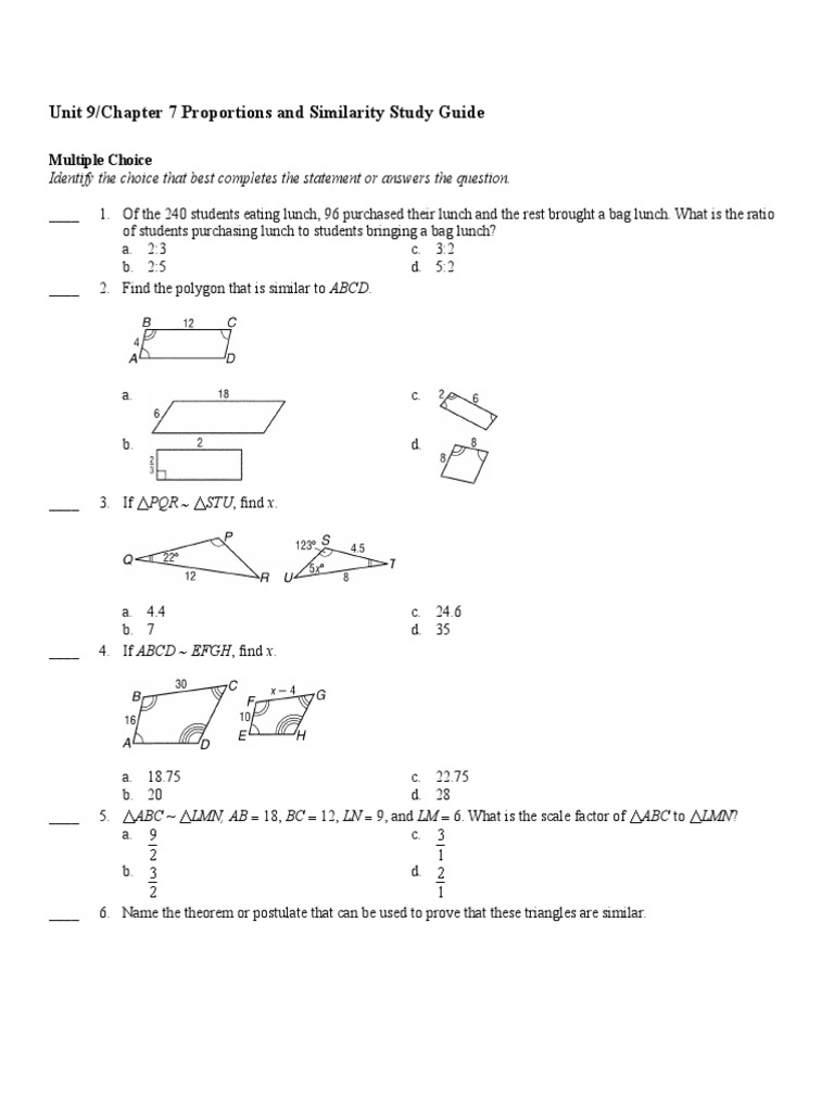 Unit 9 Chapter 7 Study Guide - Proportions and Similarity Word | PDF ...