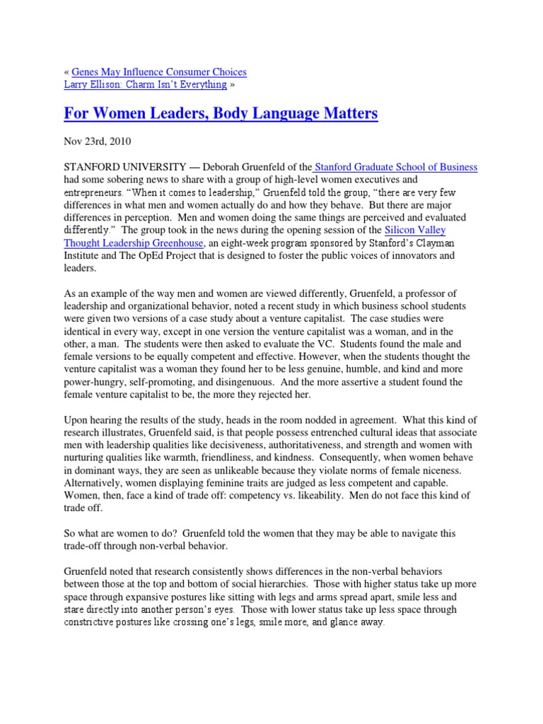Women Leaders Body Language | PDF | Nonverbal Communication | Venture ...