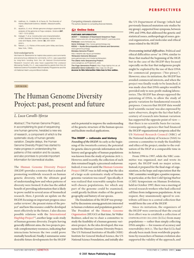 The Human Genome Diversity Project: Past, Present and Future L. Luca ...
