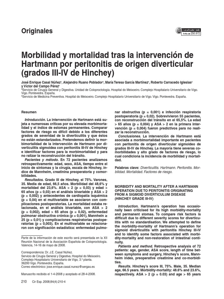 Morbilidad y Mortalidad Tras La Intervención de Colostomia Tio Hartman ...