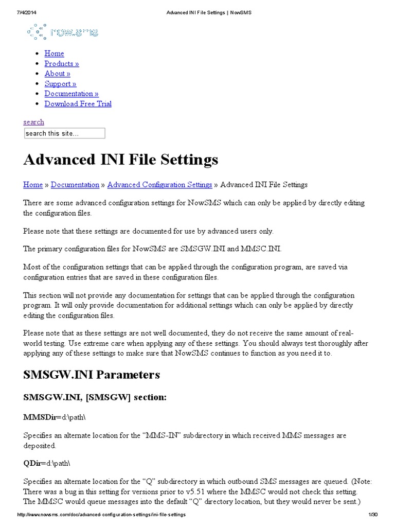 Advanced INI File Settings - NowSMS | PDF | Multimedia Messaging Service | Short Message Service