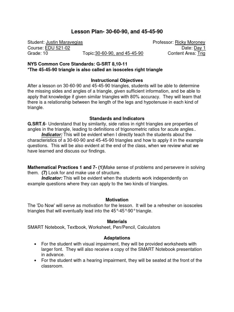 Special Right Triangles Lesson Plan | PDF | Triangle | Euclidean Geometry