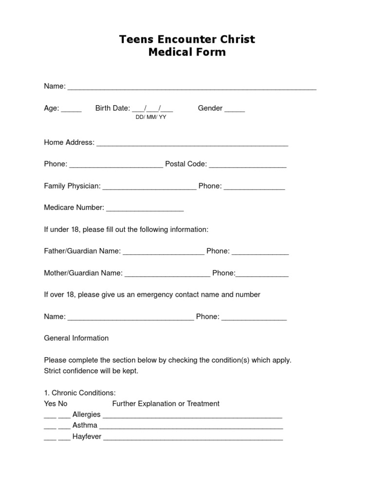 Teens Encounter Christ Medical Form: DD/ MM/ Yy | PDF | Health Care ...