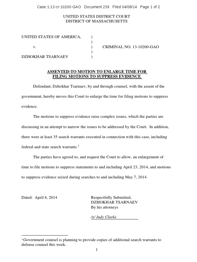 239 Assented To Motion To Enlarge Time For Filing Motions To Suppress ...