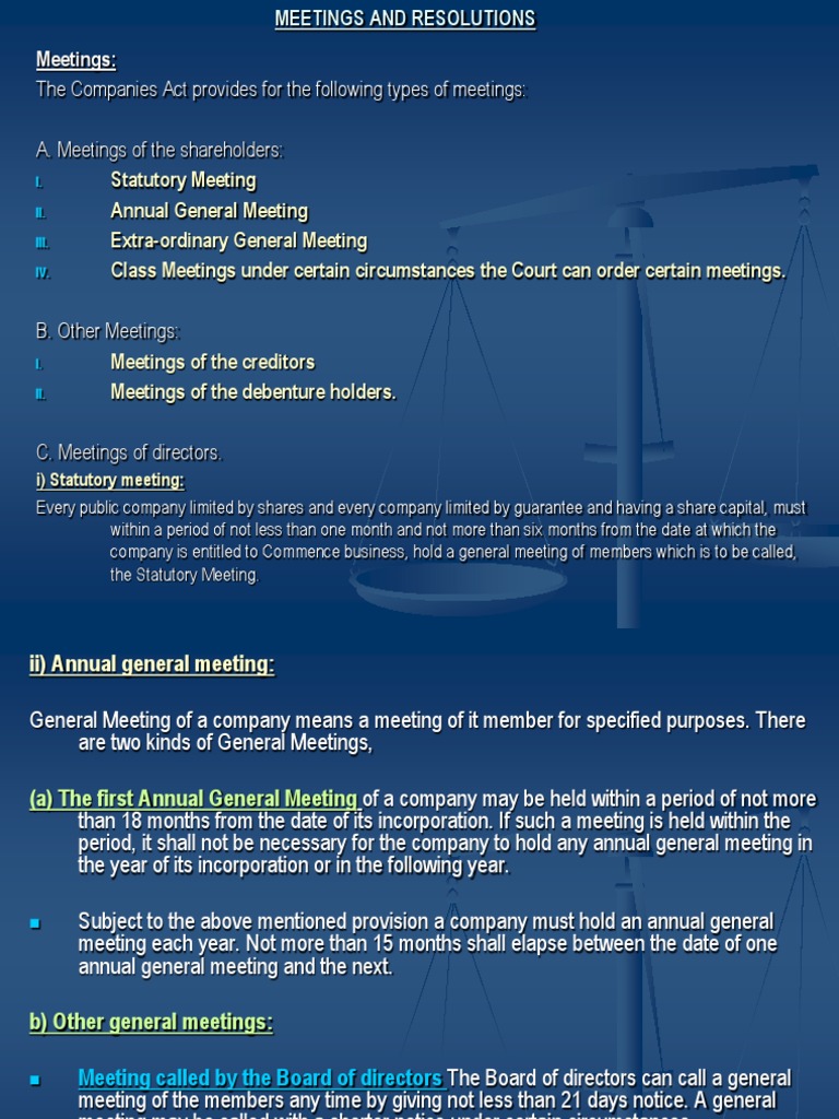 Company Meetings and Resolutions Overview | PDF | Finance & Money ...