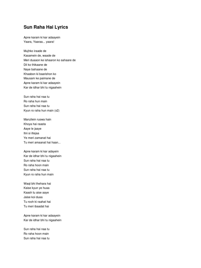 Sun Raha Hai Lyrics | PDF