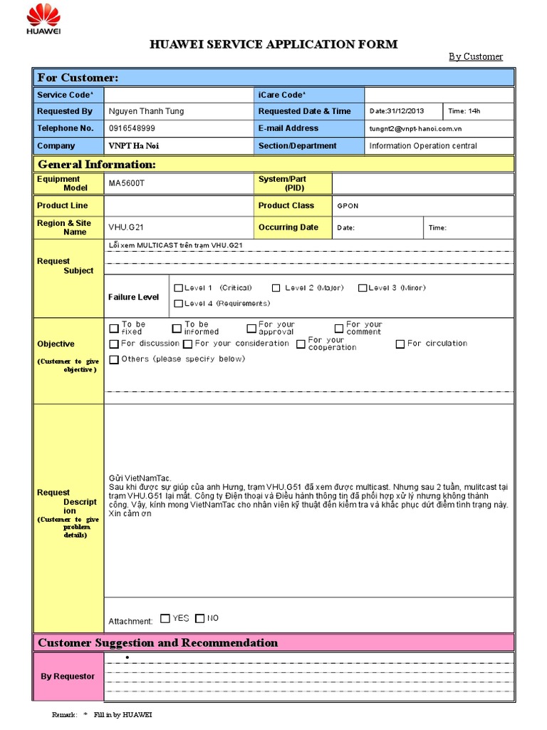 Huawei Service Application Form For Customer | PDF