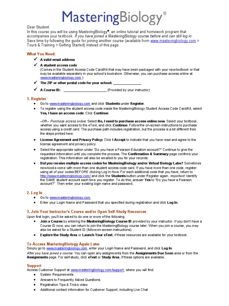 MasteringBiology Student FDOC Handout Fall 2012 | PDF | Textbook ...