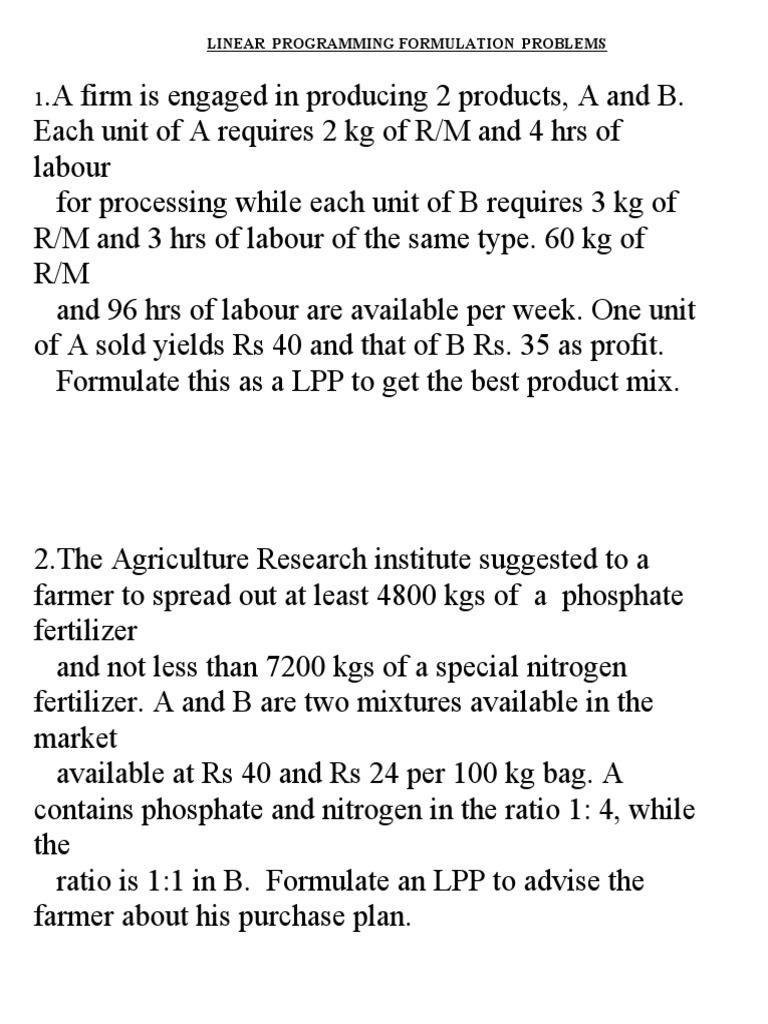 Linear Programming Formulation Problems Pdf Food Industry Agriculture