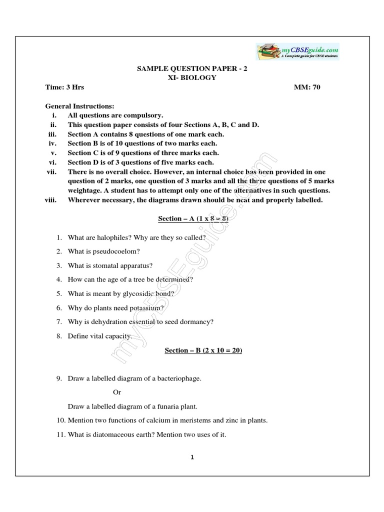 CBSE Class 11 Biology Sample Paper-02 (Solved) | PDF | Heart Valve ...