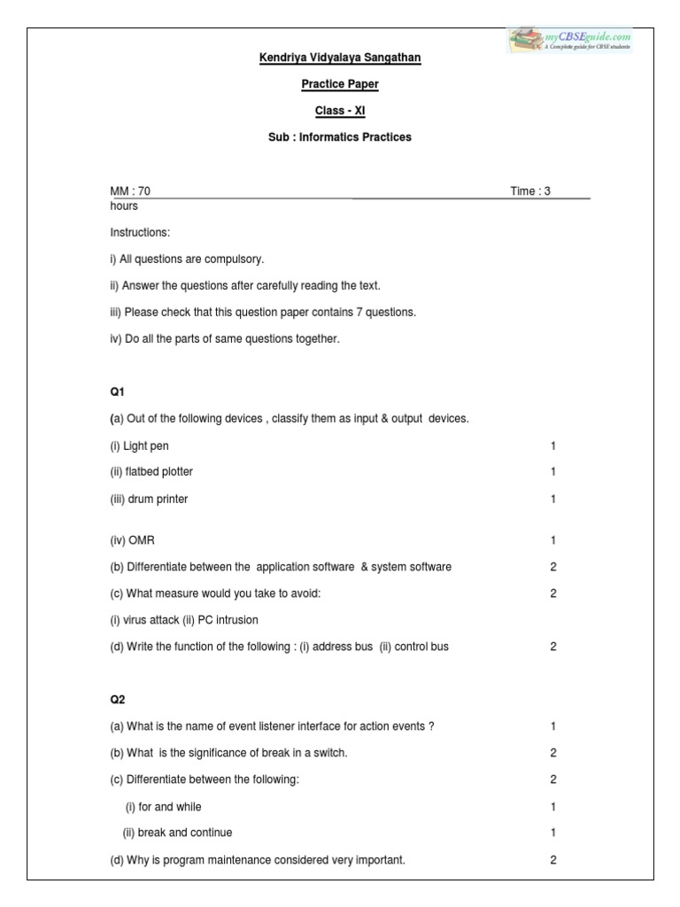 CBSE Class 11 Informatics Practices Sample Paper-04 (Unsolved) | PDF ...