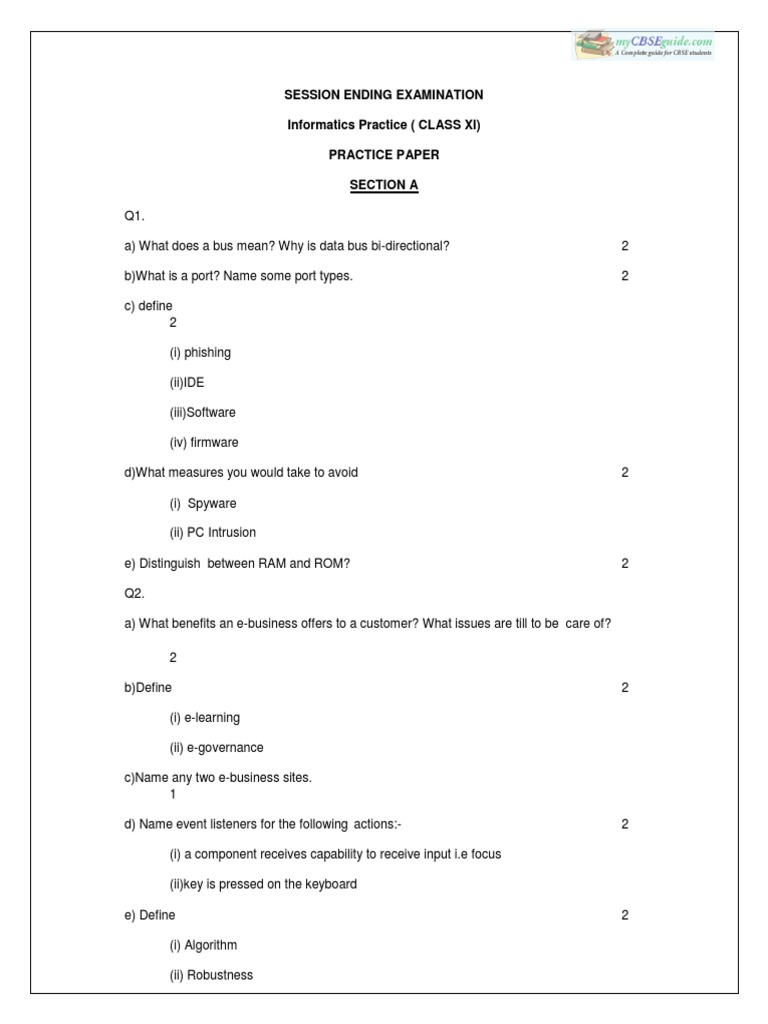 CBSE Class 11 Informatics Practices Sample Paper-05 (Unsolved) | PDF ...