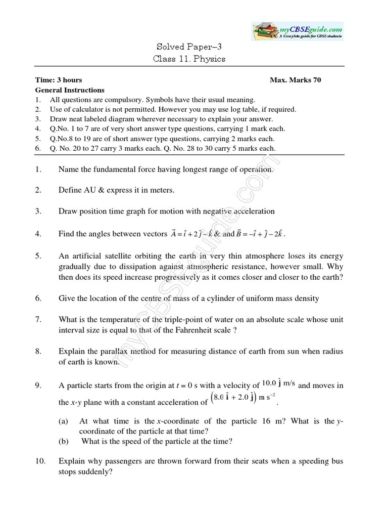 CBSE Class 11 Physics Sample Paper-08 (Solved) | PDF | Velocity | Force