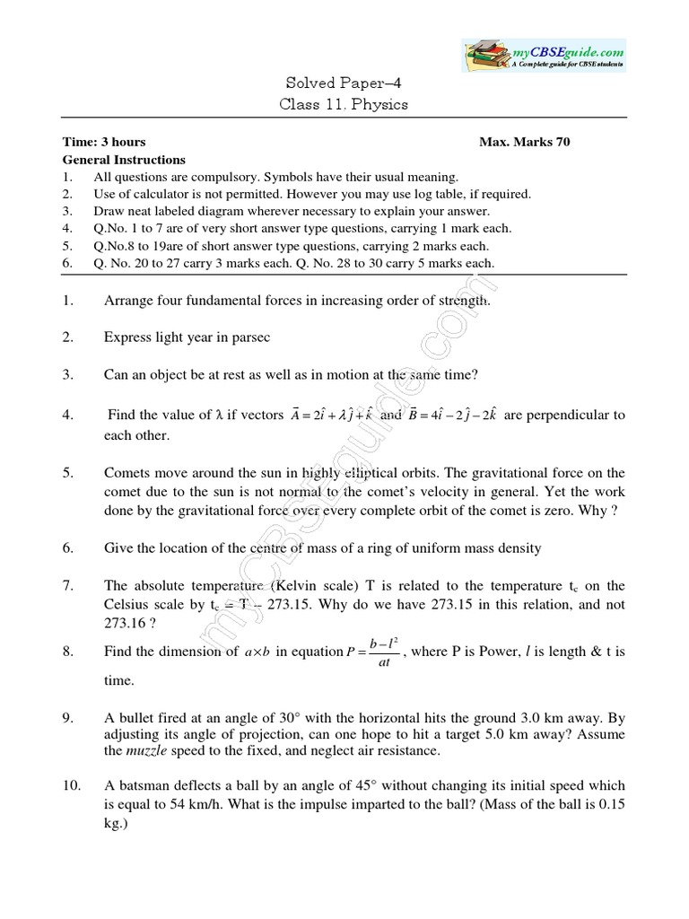 CBSE Class 11 Physics Sample Paper-09 (Solved) | PDF | Surface Tension ...