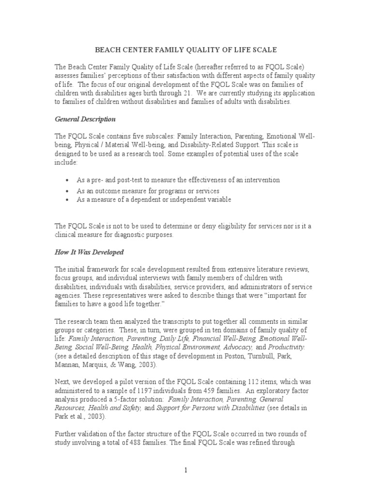 Family Quality of Life Scale Website Description | PDF | Positive ...