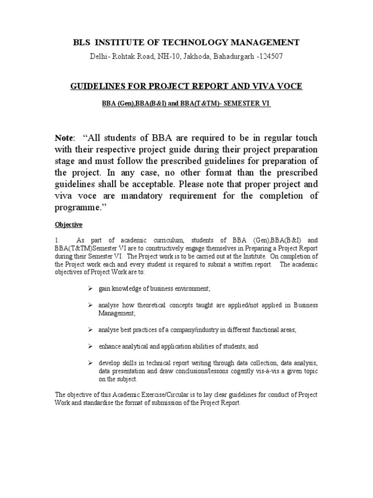 Bls Institute of Technology Management: Guidelines For Project Report ...