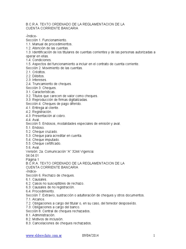 B.C.R.A. - A3244 - Reglamentacion de La Cta Cte Bancaria | PDF | Cheque ...