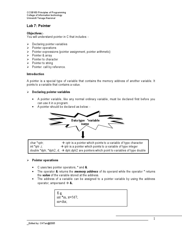 Lab 7: Pointer: Objectives | PDF | Pointer (Computer Programming) | Data Type