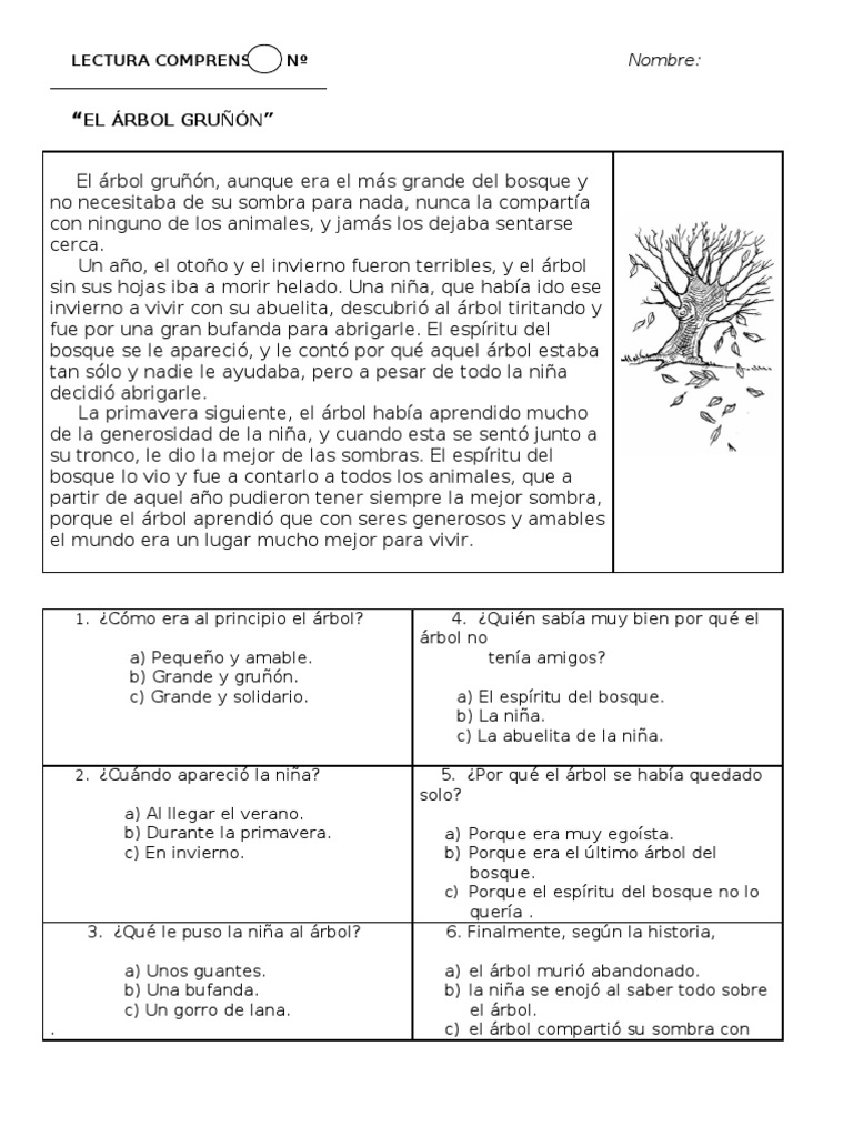 El árbol gruñón: lectura comprensiva | PDF