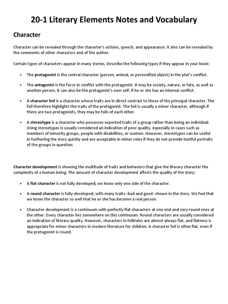 20-1 literary elements notes and vocabulary | Narration | Plot (Narrative)