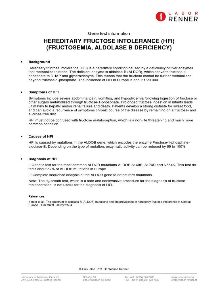 Hereditary Fructose Intolerance (Hfi) (Fructosemia, Aldolase B ...