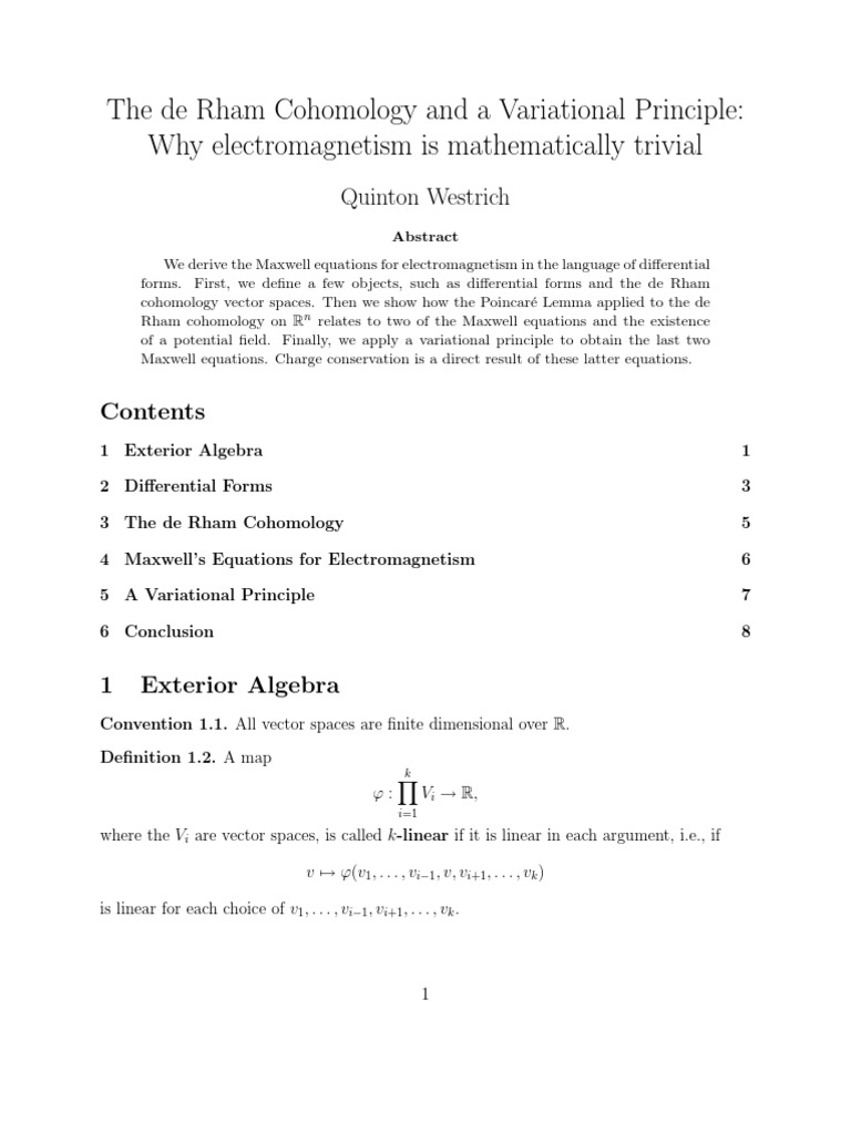 De Rham Cohomology and A Variational Principle: Why Electromagnetism Is Mathematically Trivial ...