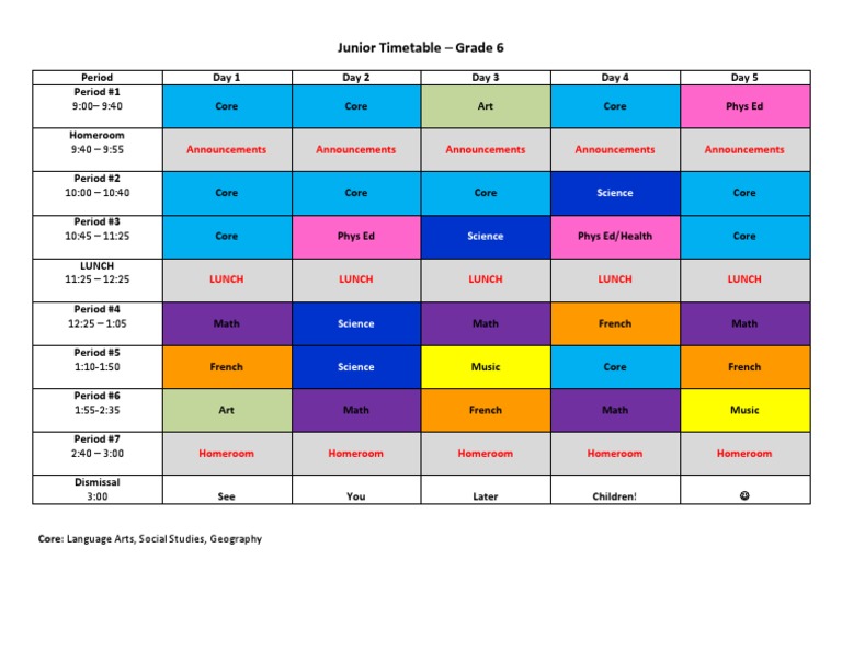 Grade 6 Junior Timetable Overview | PDF | Language Arts & Discipline ...