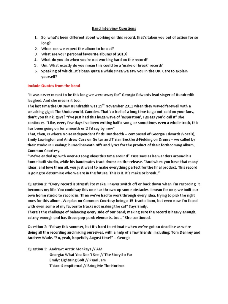 Band Interview Questions | PDF | Music Media | Albums