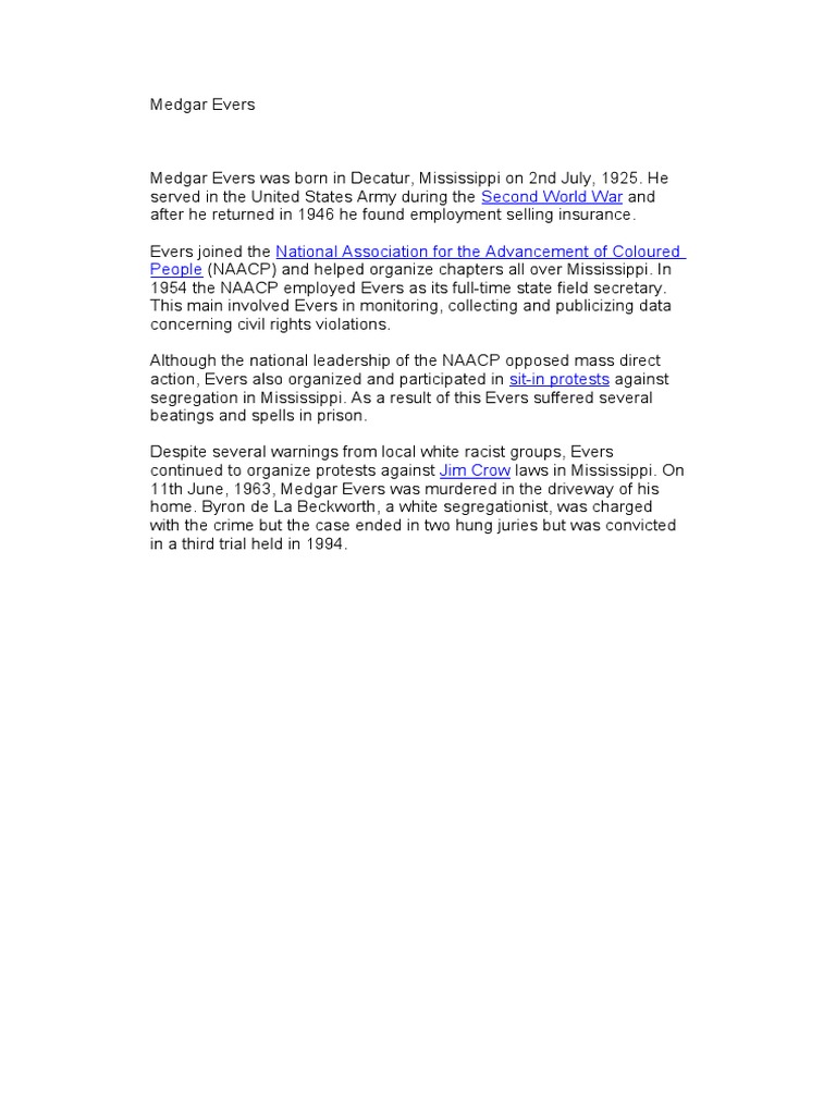 Medgar Evers: Civil Rights Leader's Legacy | PDF