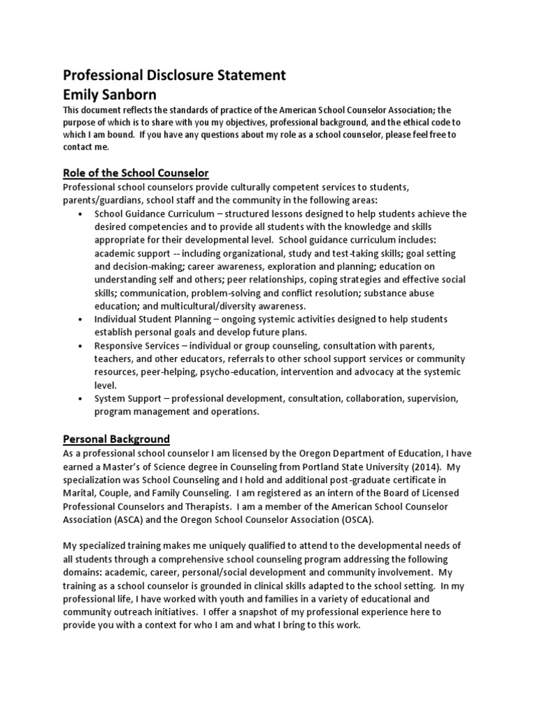 Professional Disclosure Statement | PDF | School Counselor | Cognition