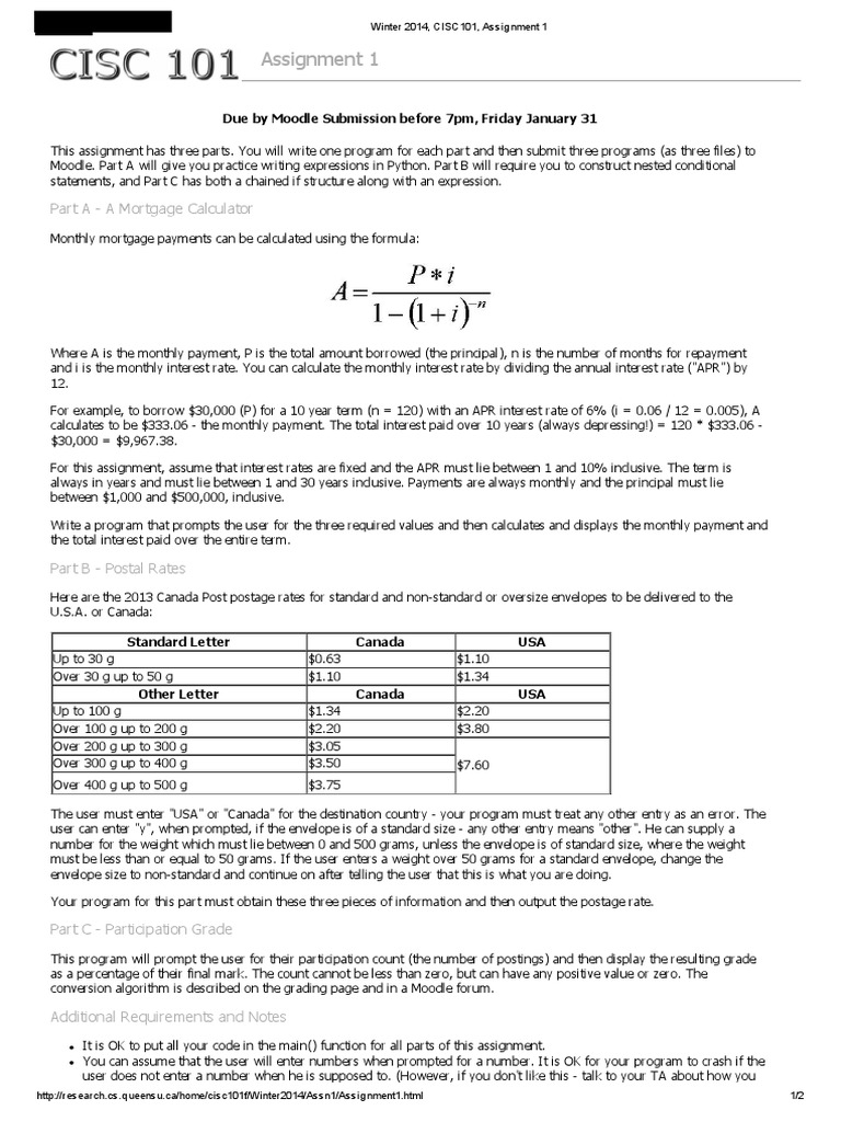 Winter 2014, CISC101, Assignment 1 | PDF | Annual Percentage Rate ...