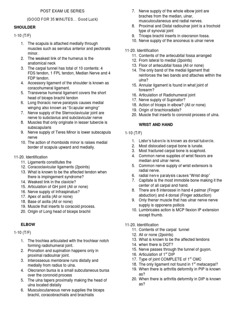 Upper Extremity Summary Exam | PDF | Hand | Elbow