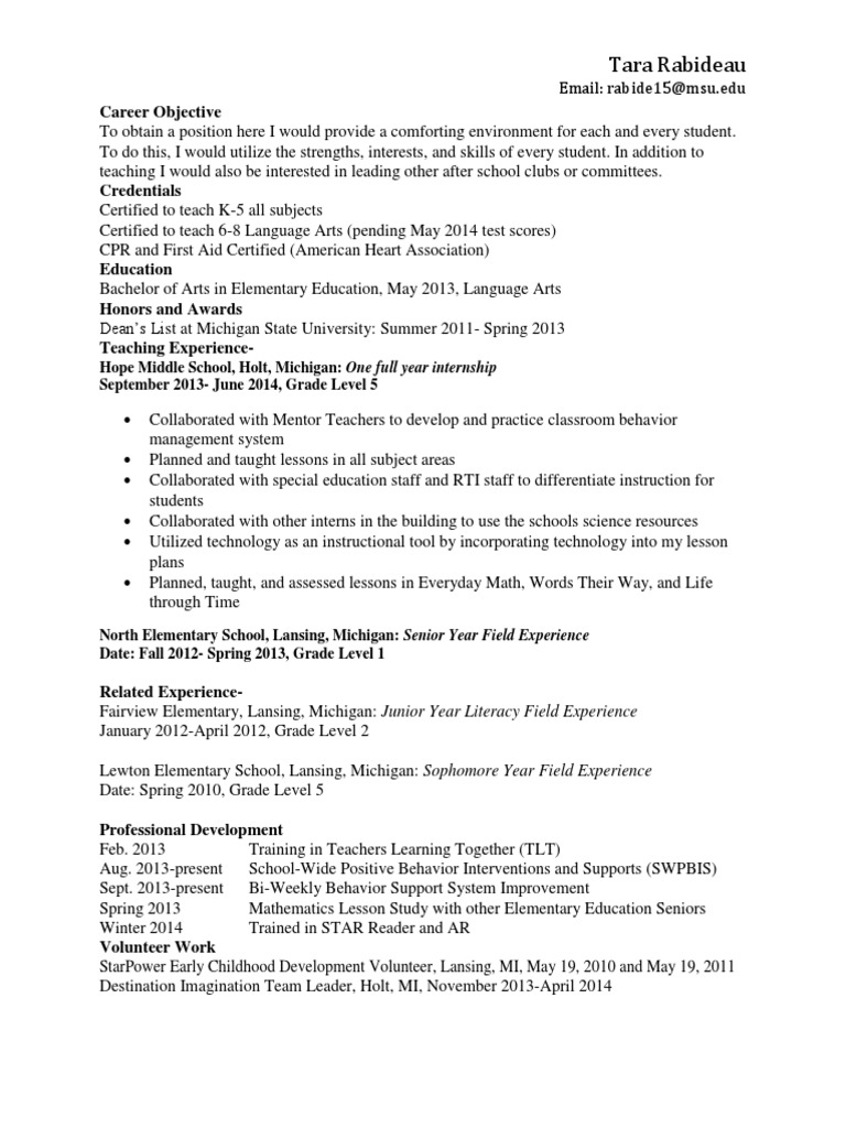 Tara Rabideau: K-8 Educator Resume | PDF