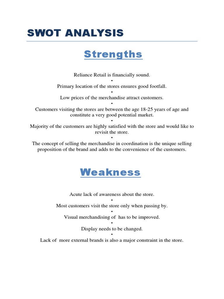 Reliance Retail SWOT Analysis Summary | PDF